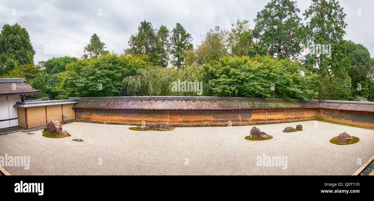 Panorama of rock garden of Ryoan-ji temple (The Temple of the Dragon at ...