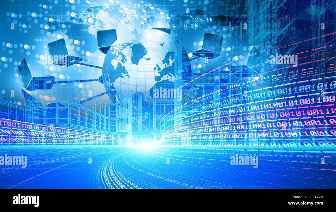 Computers connecting to the globe with data flowing through its way to ...