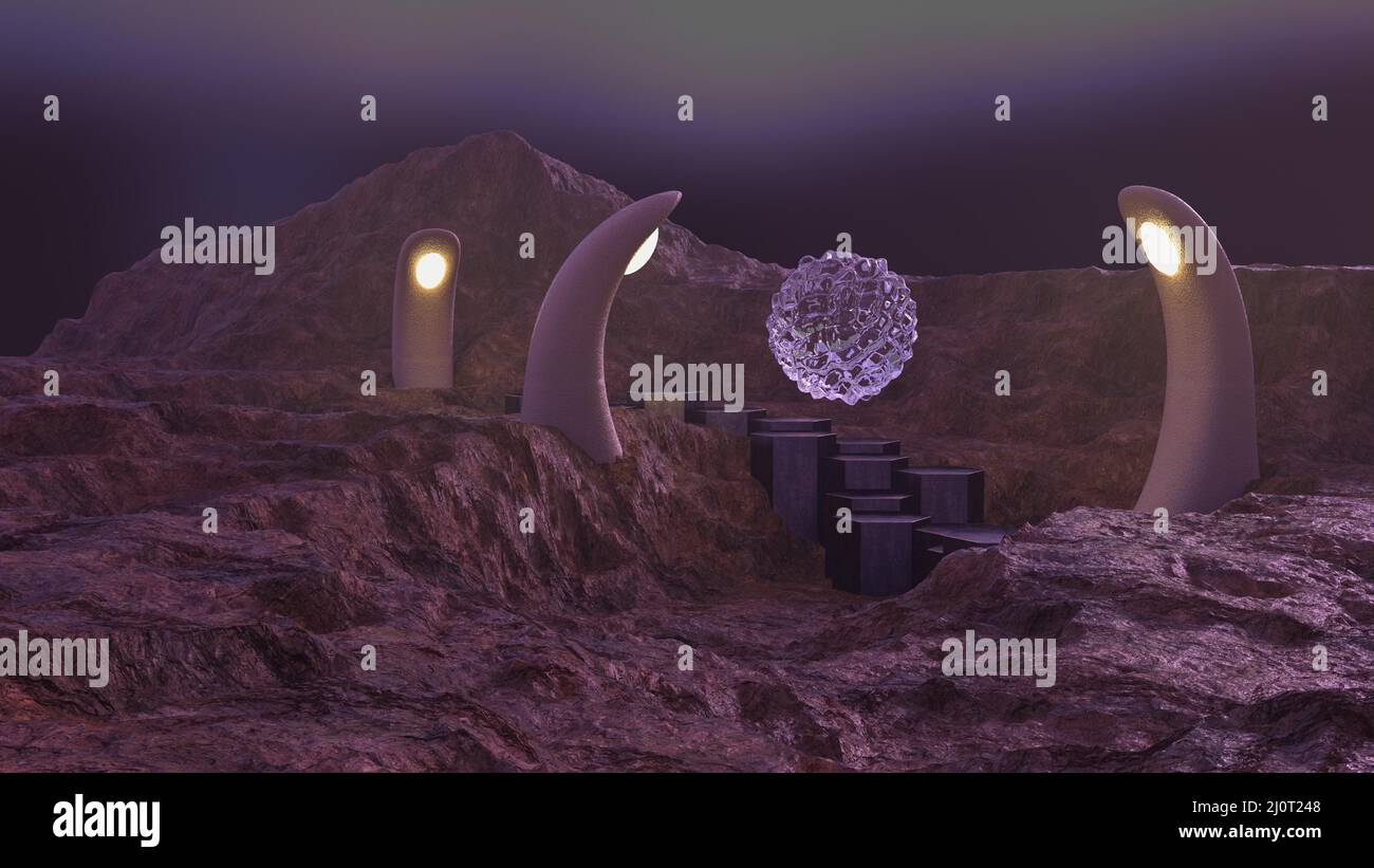3D-illustration of an alien planet with a strange portal crystal Stock ...