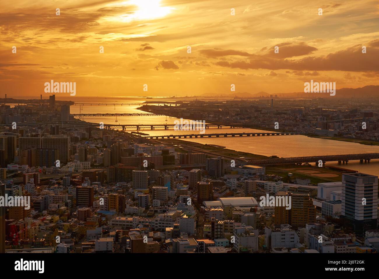 The birds eye view of Yodo River in the sunset light. Osaka. Japan ...