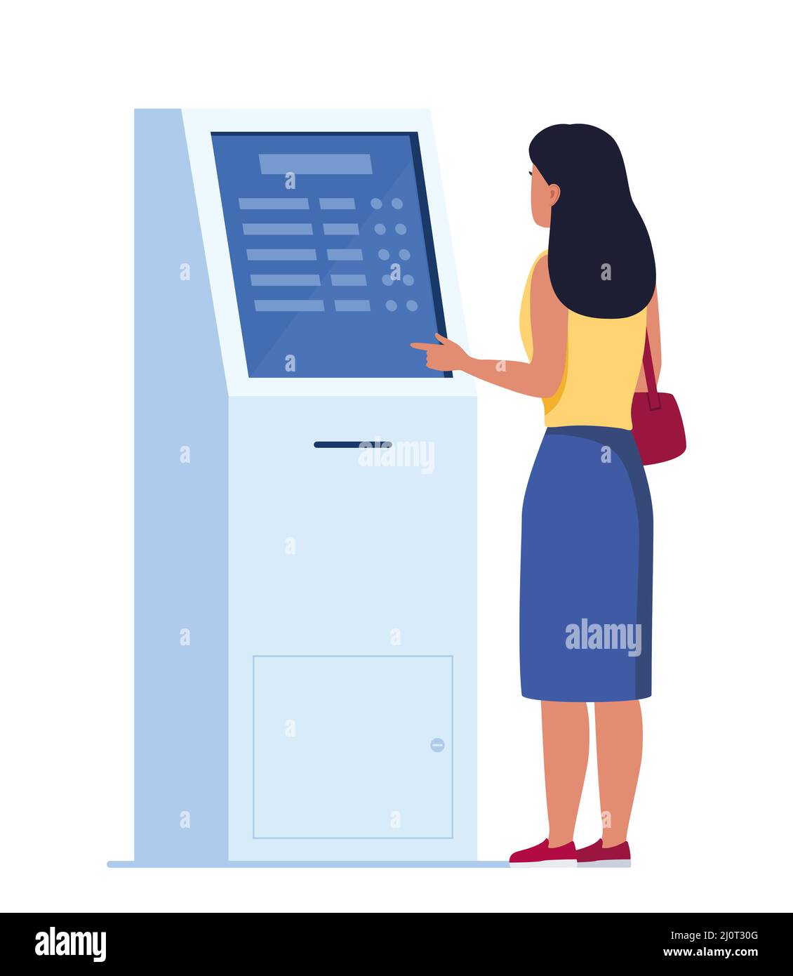 Woman using self-service payment and information electronic terminal ...