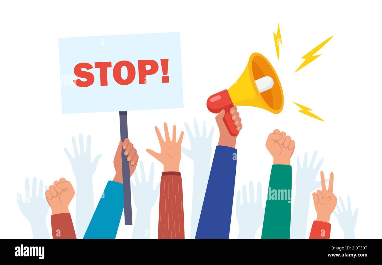 Protesters hands holding protest signs, crowd of angry people Stock ...