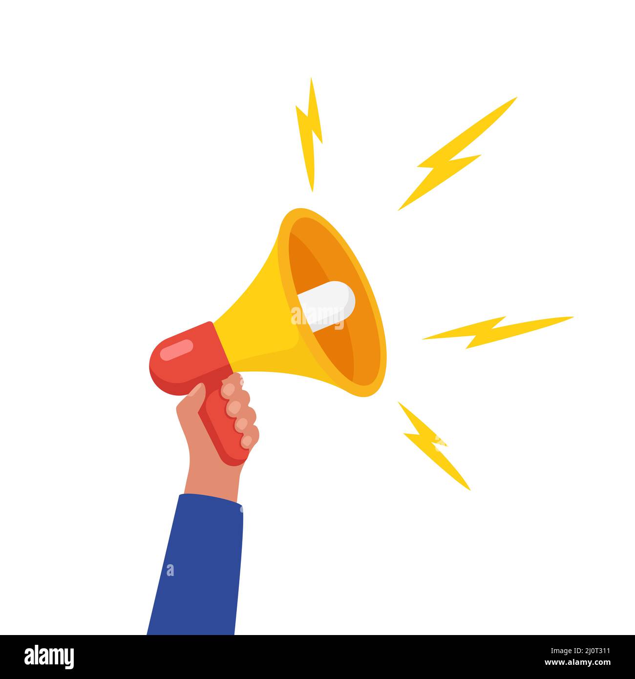 Hand holds loudspeaker with exclamation marks banner. Emergency warning ...