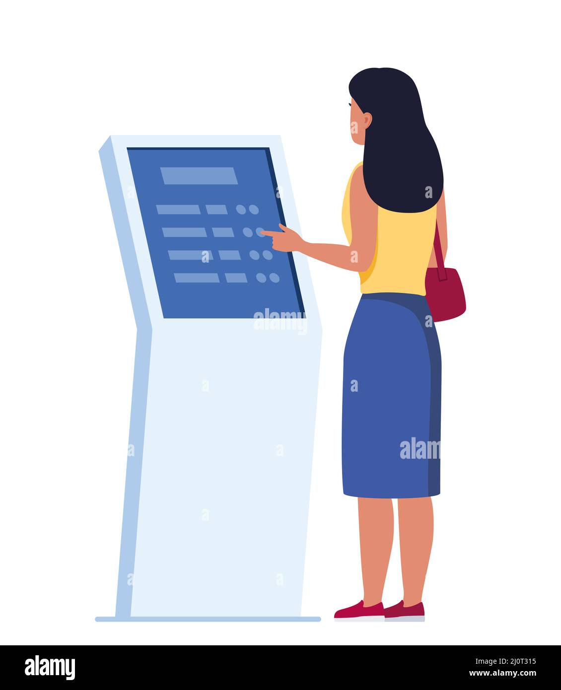 Woman using self-service payment and information electronic terminal with touch screen. Vector ...