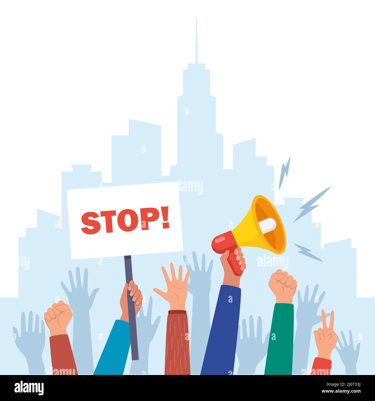 Protesters hands holding protest signs, crowd of angry people Stock ...