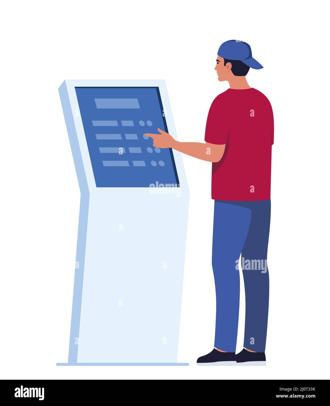 Man using self-service payment and information electronic terminal with touch screen. Vector ...