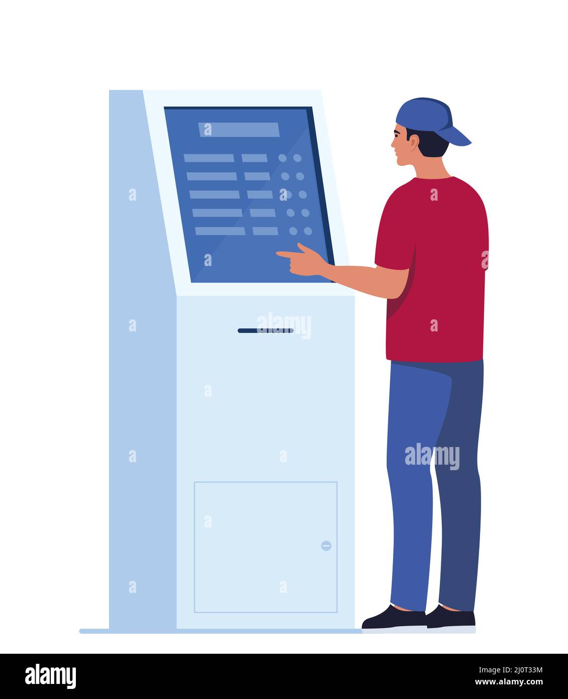 Man using self-service payment and information electronic terminal with touch screen. Vector ...