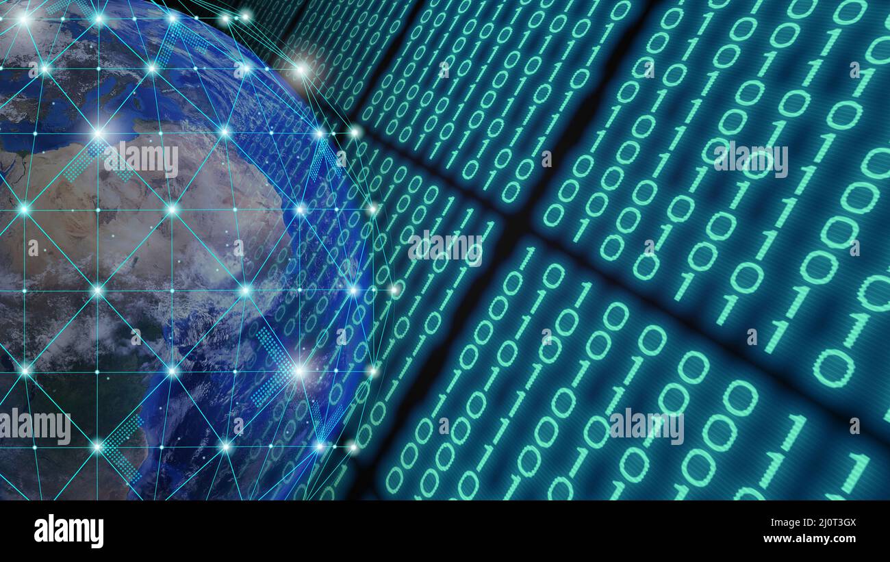 Connected globe, globe with zero one background, cyberspace, data flow ...