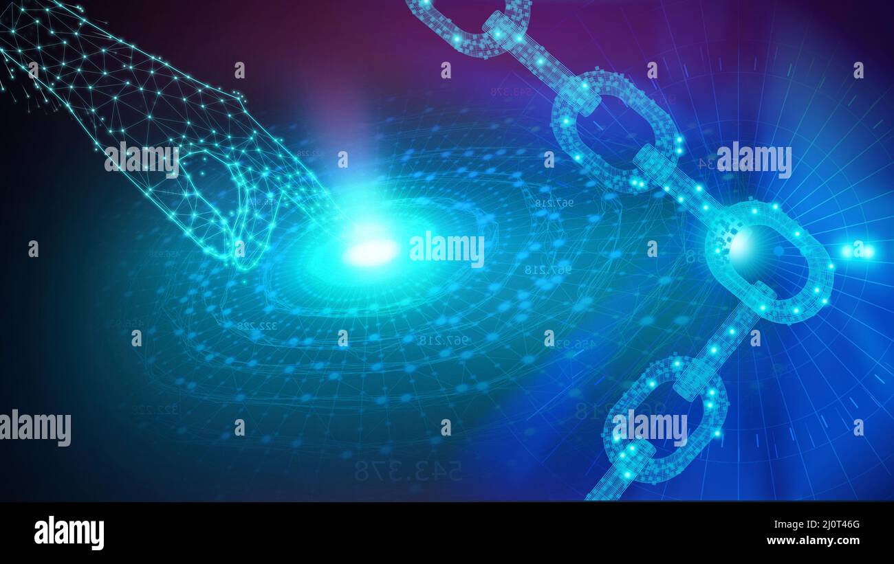 Robot hand touches a point on cyberspace with blockchain around, data ...