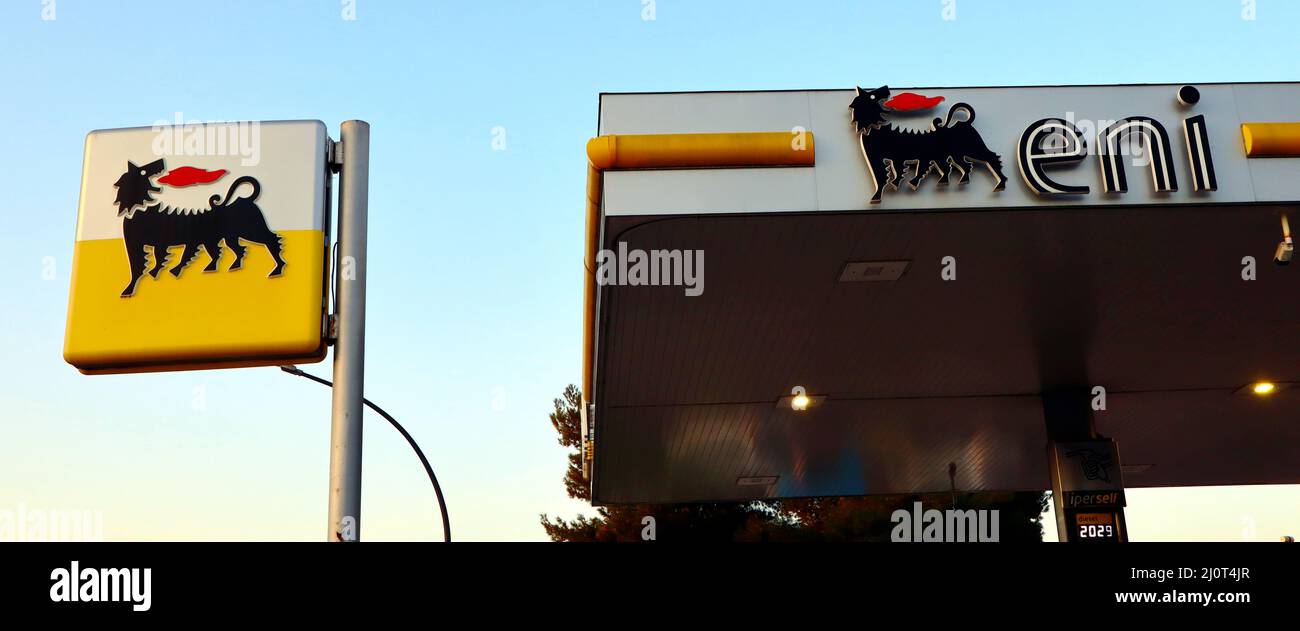 ENI Gas Station sign. ENI is an Italian multinational oil and gas ...