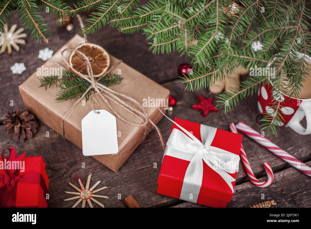 Handmade wrapped christmas gift boxes on celebrate background Stock ...