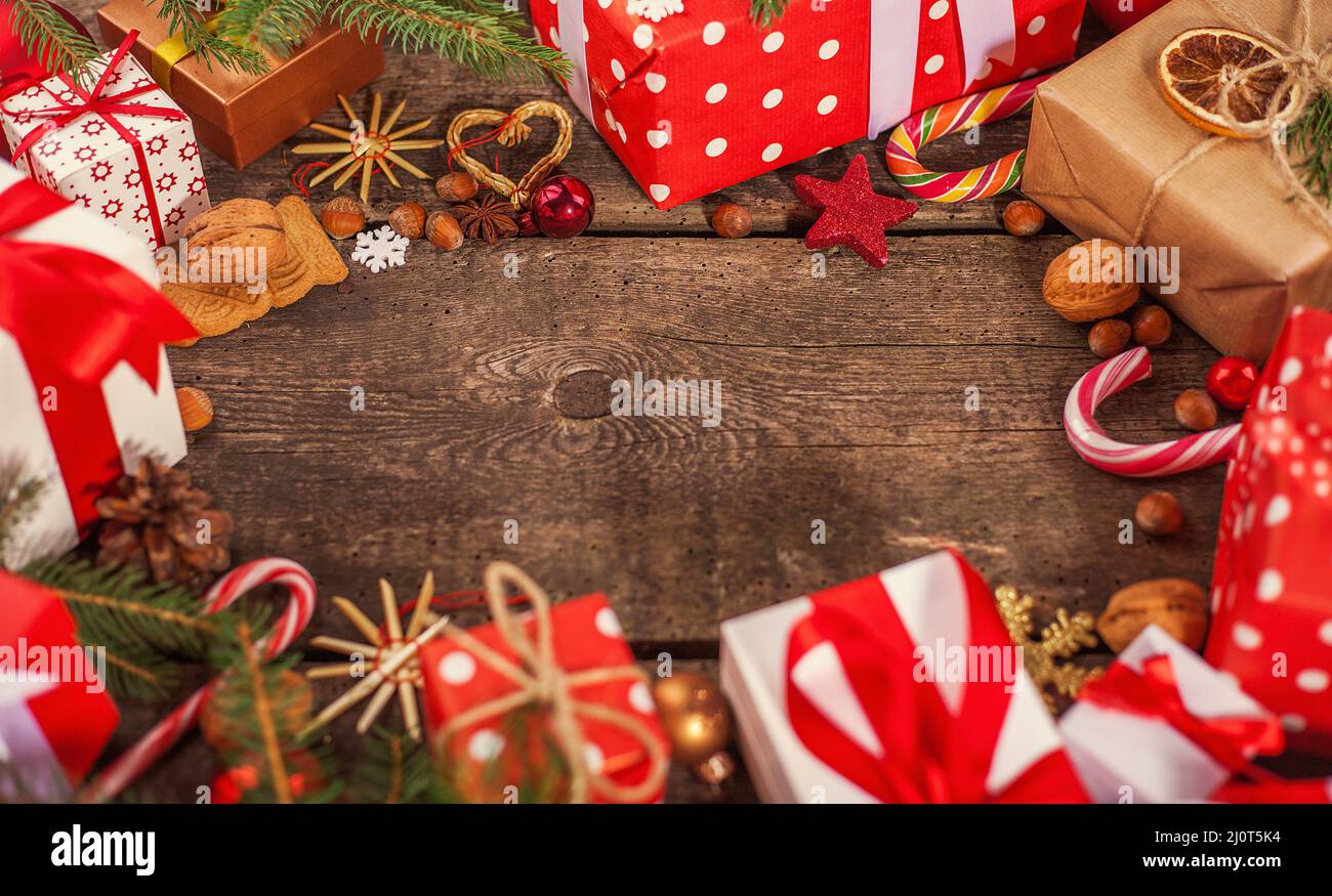 Handmade wrapped christmas gift boxes on celebrate background Stock ...