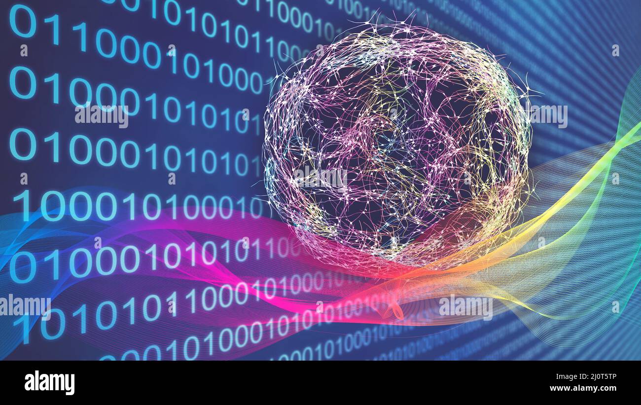 Circle of fiber cables in front of zero-one data on cyberspace, data ...