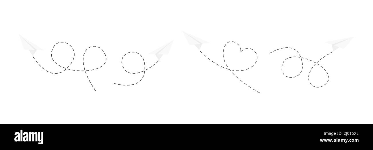 Paper airplanes with line dotted route set. Sending message linear fold ...
