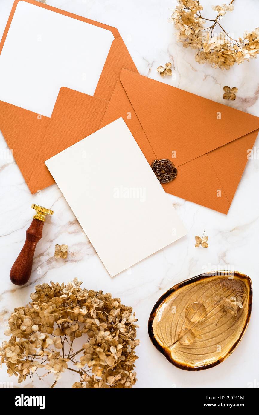 Bronze wedding envelopes, wedding invitation card mockup, wax seal ...