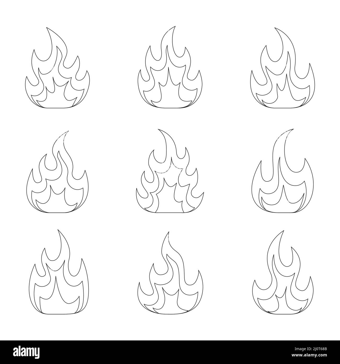 Fire flames line set. Bonfire black linear elements collection. Vector ...