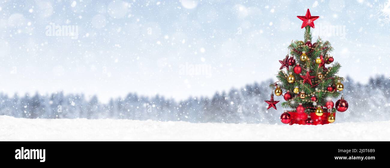 Christmas Tree with decoration on a winter background Stock Photo - Alamy