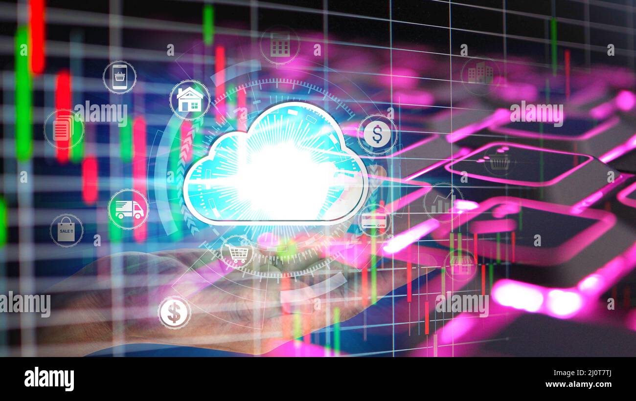 Human hand carrying a virtual cloud with icons, internet of things ...