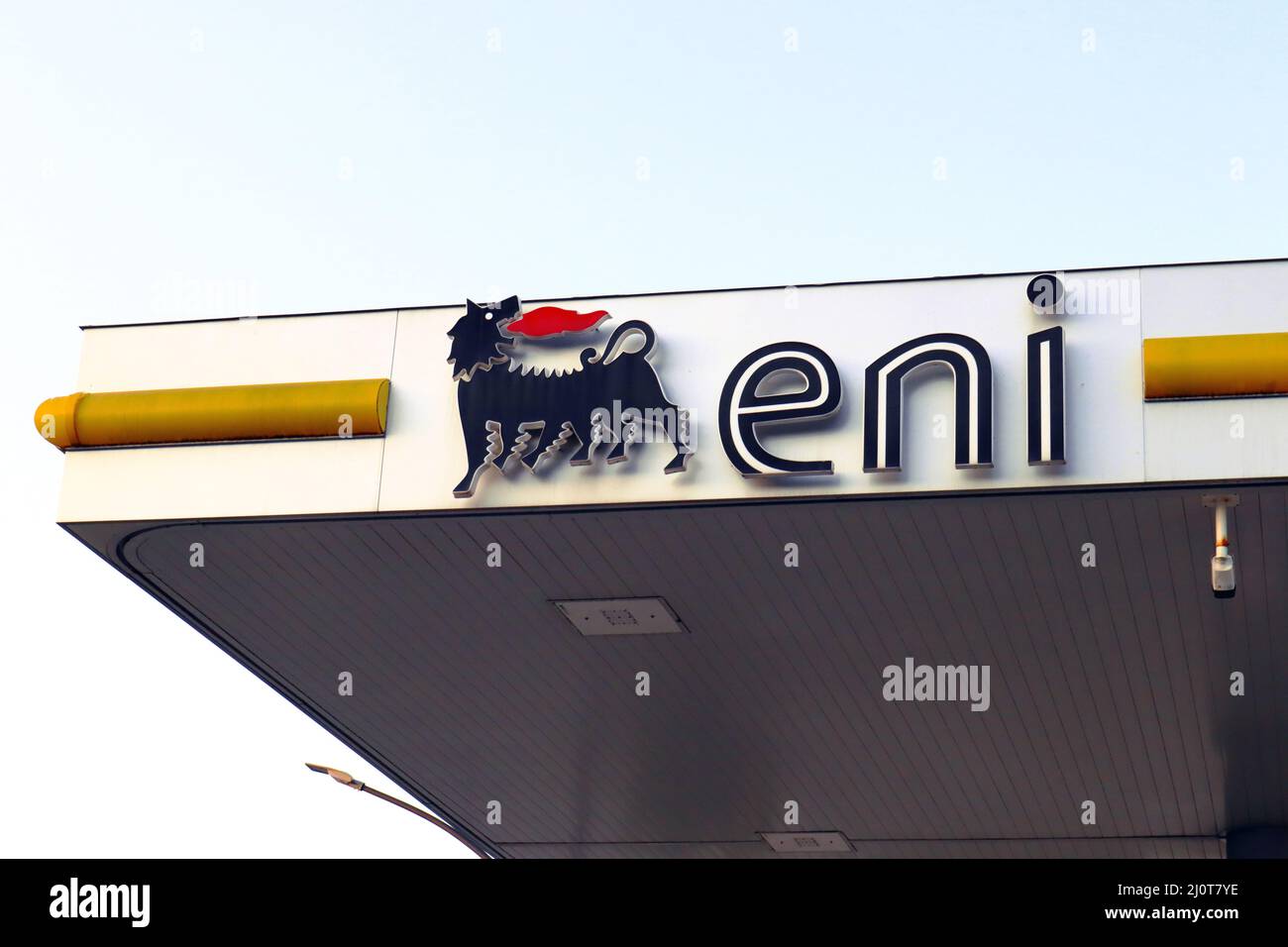 ENI Gas Station sign. ENI is an Italian multinational oil and gas ...