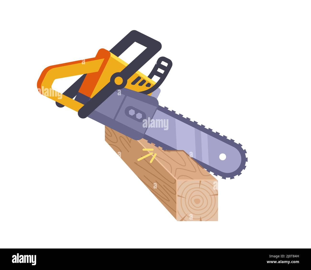 chainsaw sawing a block of wood. wood processing. flat vector ...