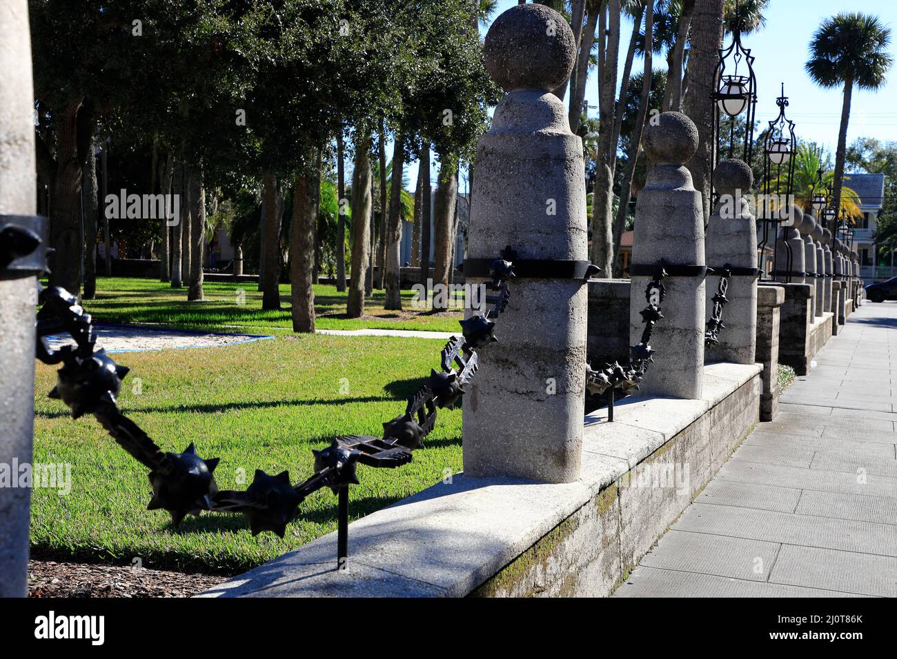 Cast iron chains and stone pillars fence of Flagler College.St ...