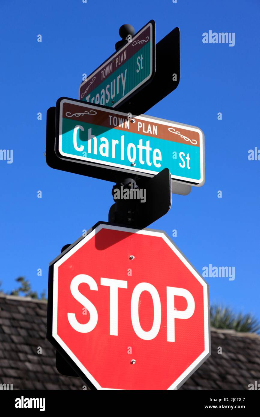 The street signs of Charlotte street and Treasury street and a stop ...
