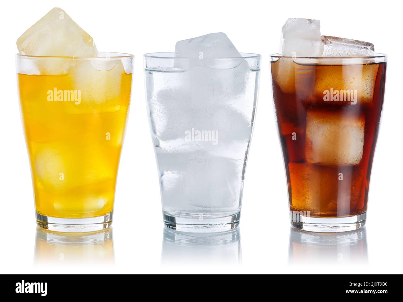 Drinks lemonade cola soft drinks in a glass in a row isolated exempted Stock Photo - Alamy