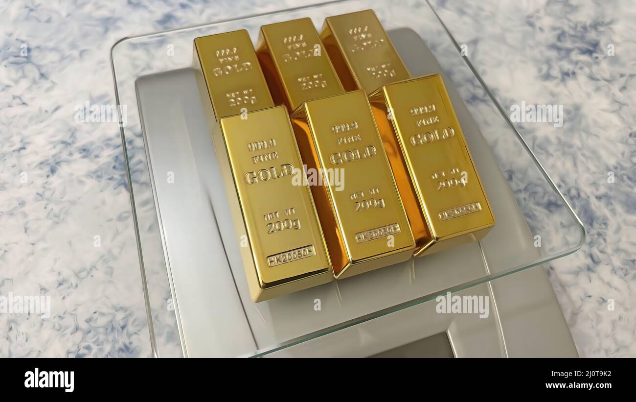 Closeup of gold bars on precision scales Stock Photo - Alamy