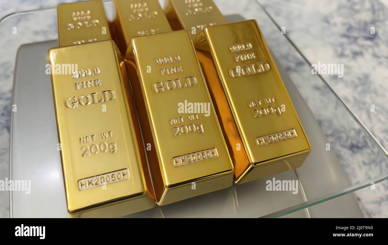 Closeup of gold bars on precision scales Stock Photo - Alamy