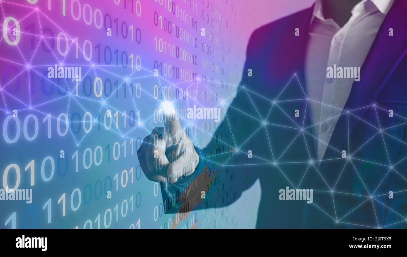 Hand touch data to stop flowing and start analysis, zero ones digit ...