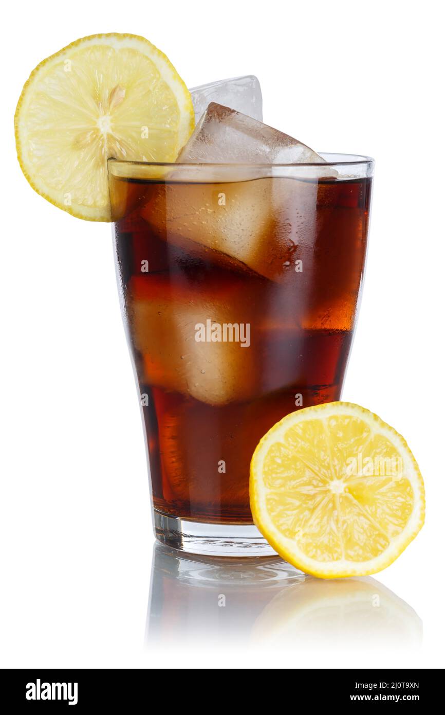 Cola drink lemonade soft drink in glass with ice and lemon isolated ...