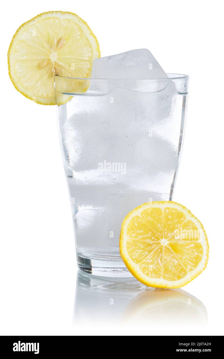 Water mineral water lemonade drink in glass with ice cube and lemon isolated exempted exemplar ...