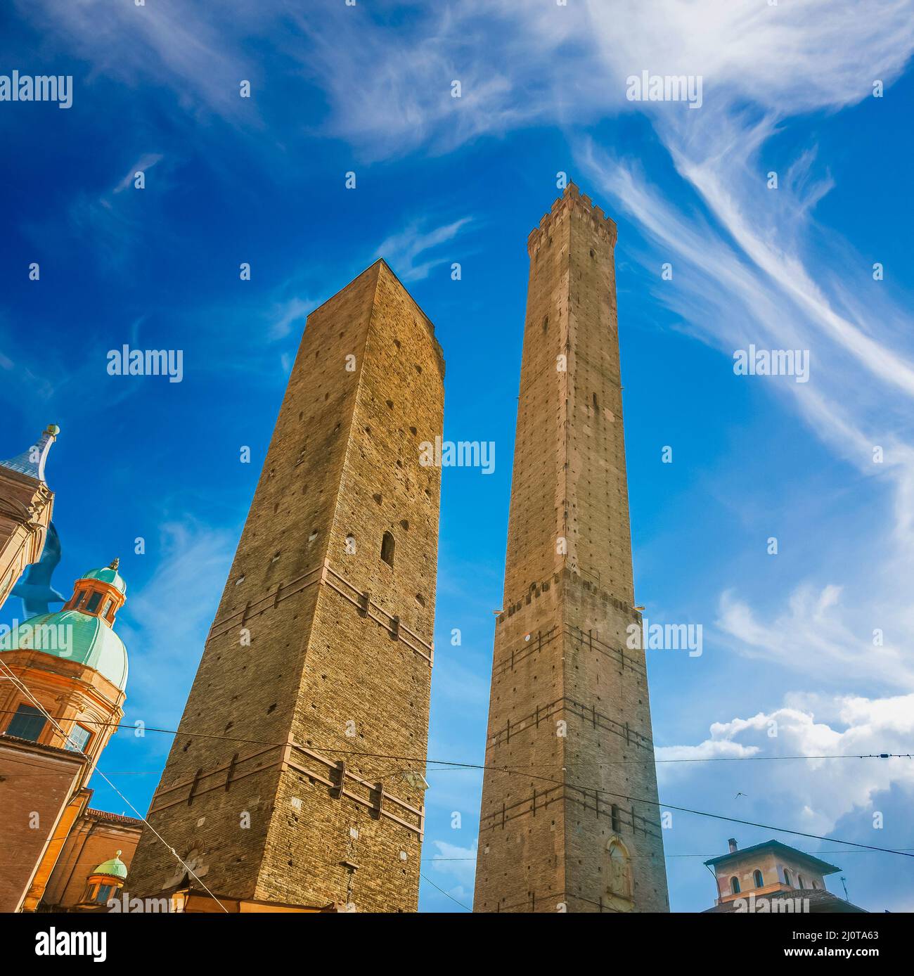 The Garisenda and Asinelli towers in the city of Bologna, Italy, in a ...