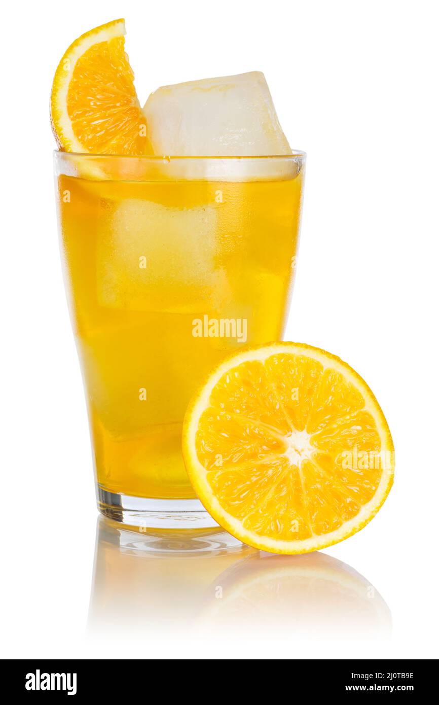 Orange lemonade orange lemonade soft drink in glass with ice and orange isolated cutout Stock ...