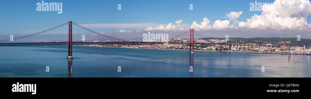 Lisbon Portugal bridge Ponte 25 de Abril over river Tejo panorama ...