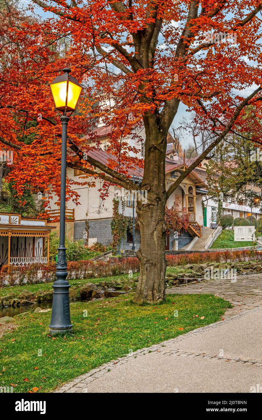 Historic city centre. Old park with lanterns in Szczawnica, Poland ...