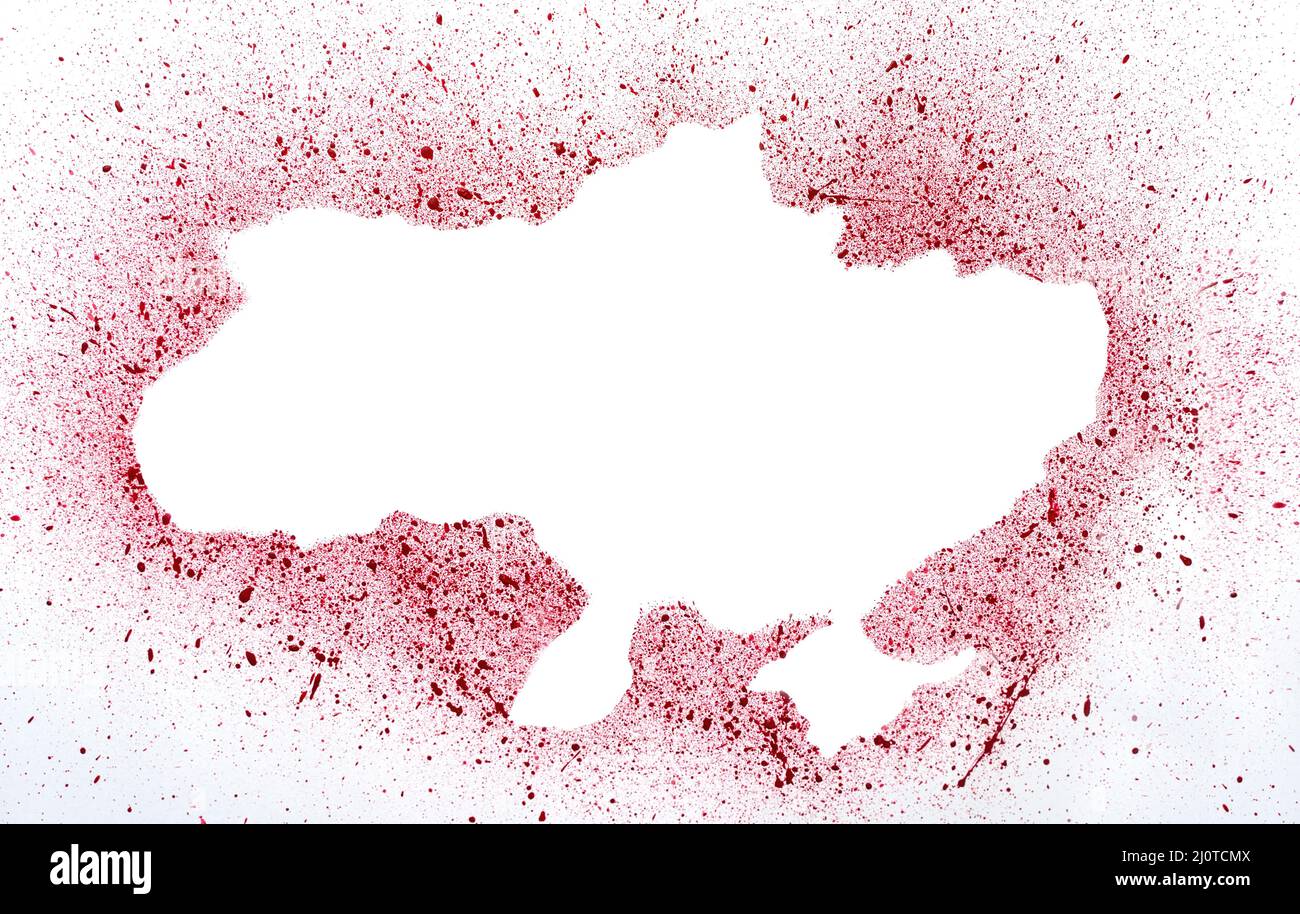Map of Ukraine from red paint on white background. Concept of war ...