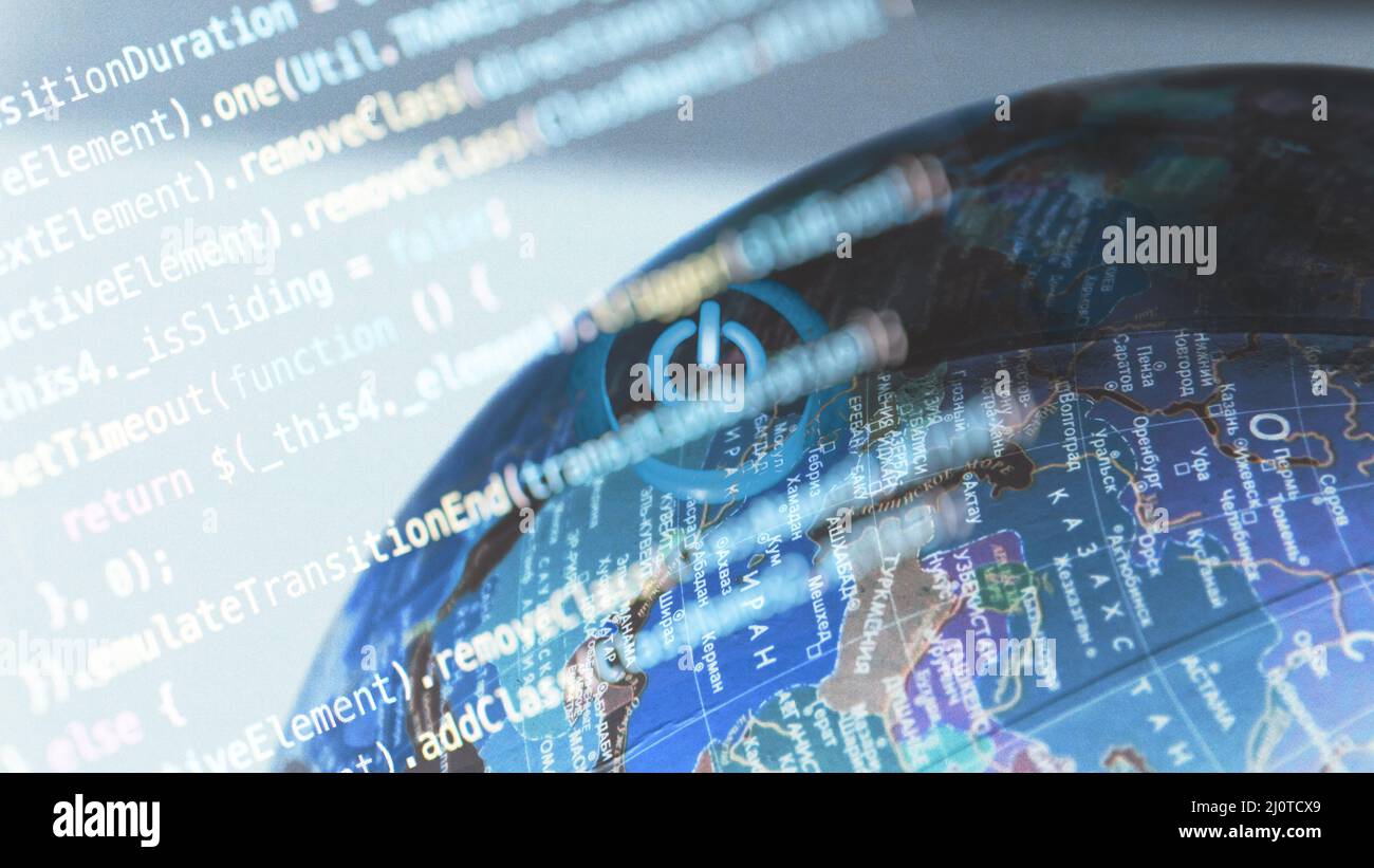 Globe with power button sign and programming code in the background ...