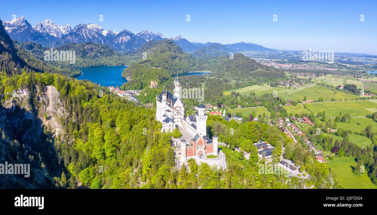 Neuschwanstein Castle aerial view architecture Alps panorama landscape Germany Bavaria travel ...
