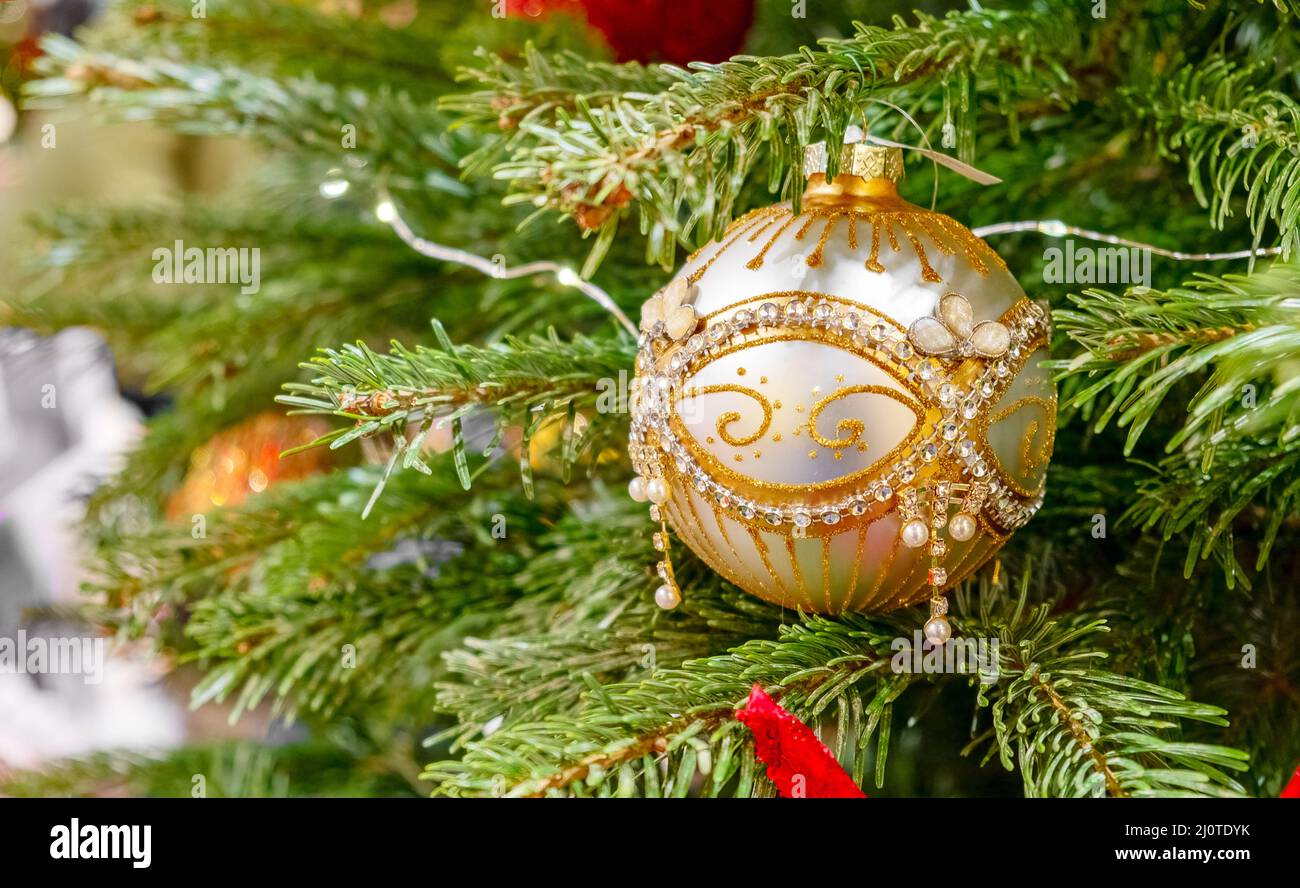 Christmas background - baubles and branch of spruce tree Stock Photo ...