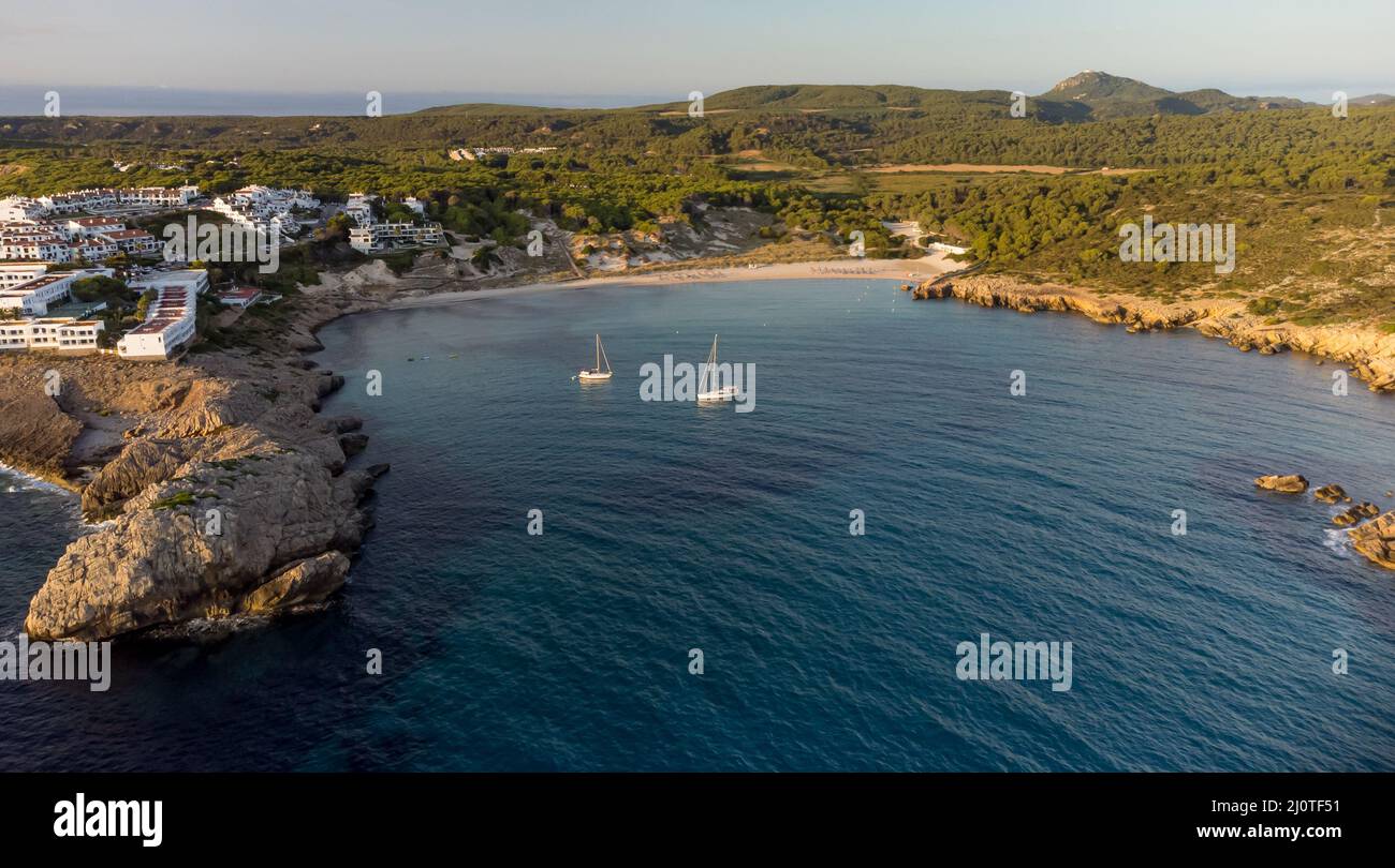 Aerial view of mediterranean beach with blue water and sail boats Stock ...
