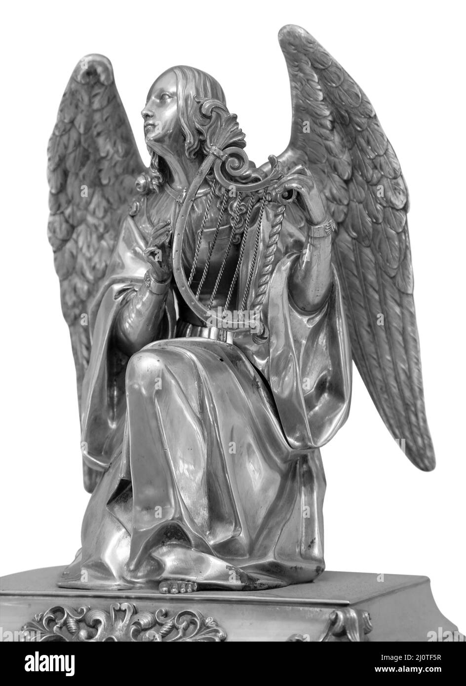 Angel statue isolated on white background. White stone sculpture of ...