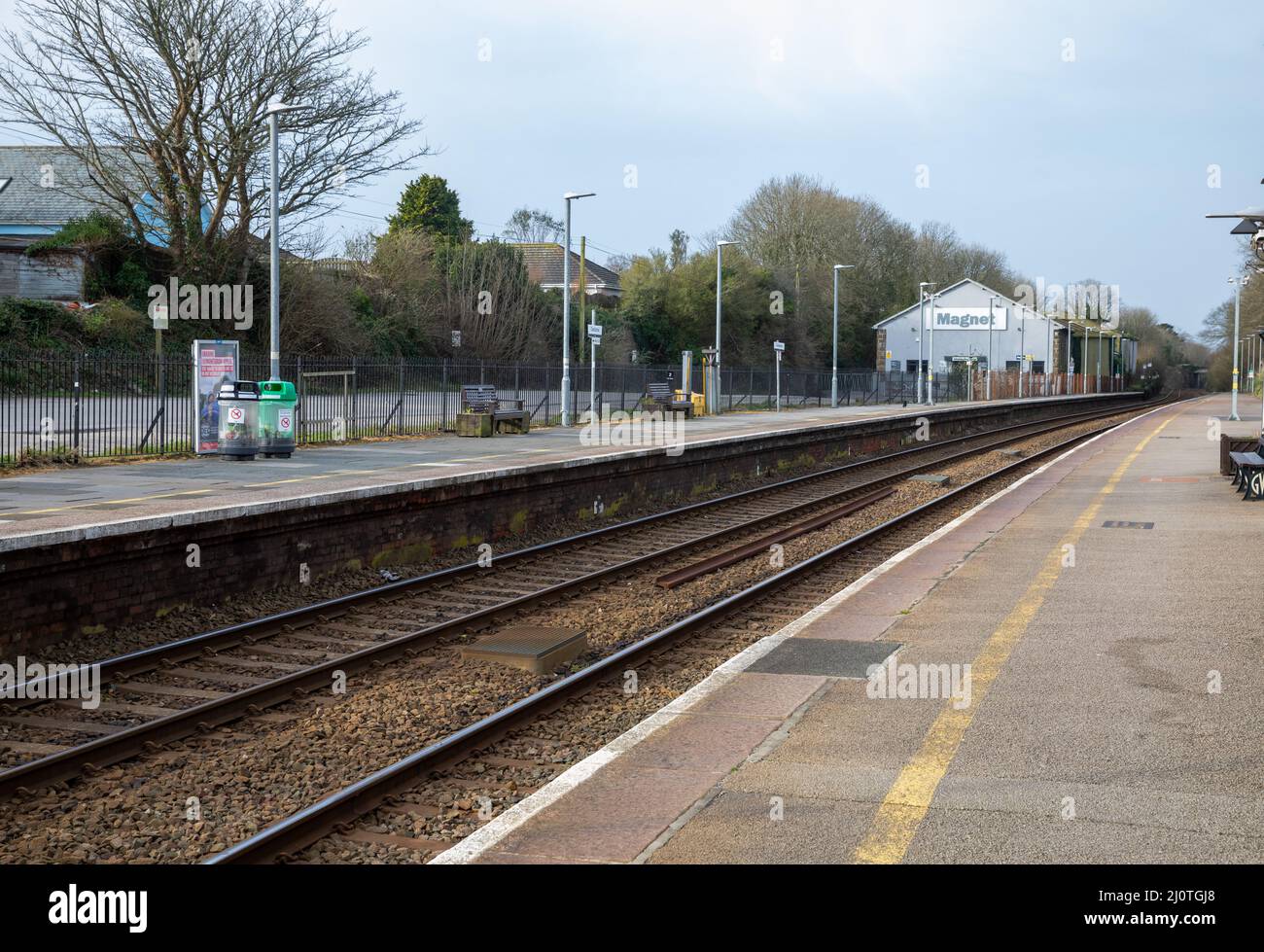 Empty platform and rail track in Camborne Railway Station, Cornwall ...