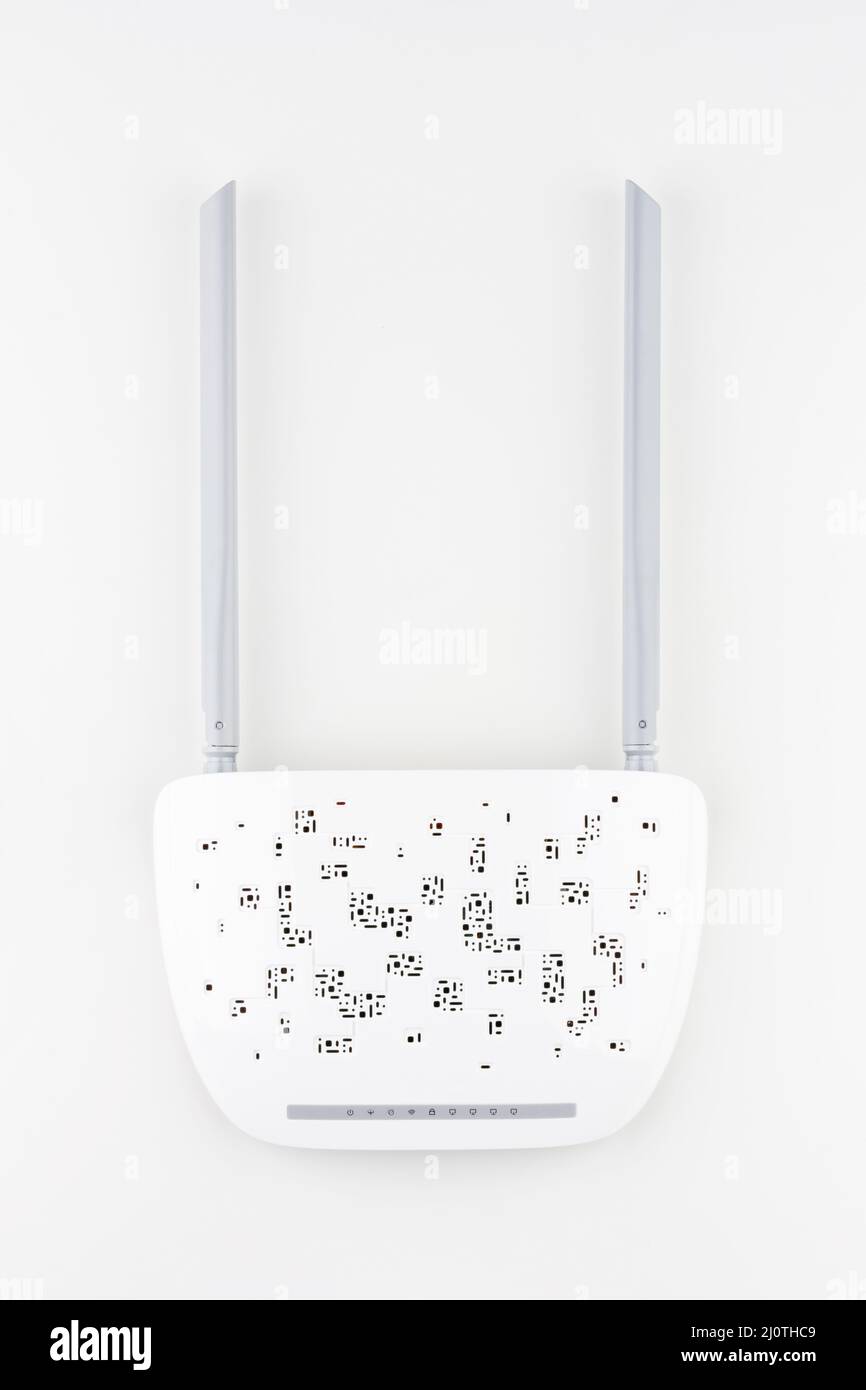 New white Wi-Fi router with gray antennas on a white background top ...
