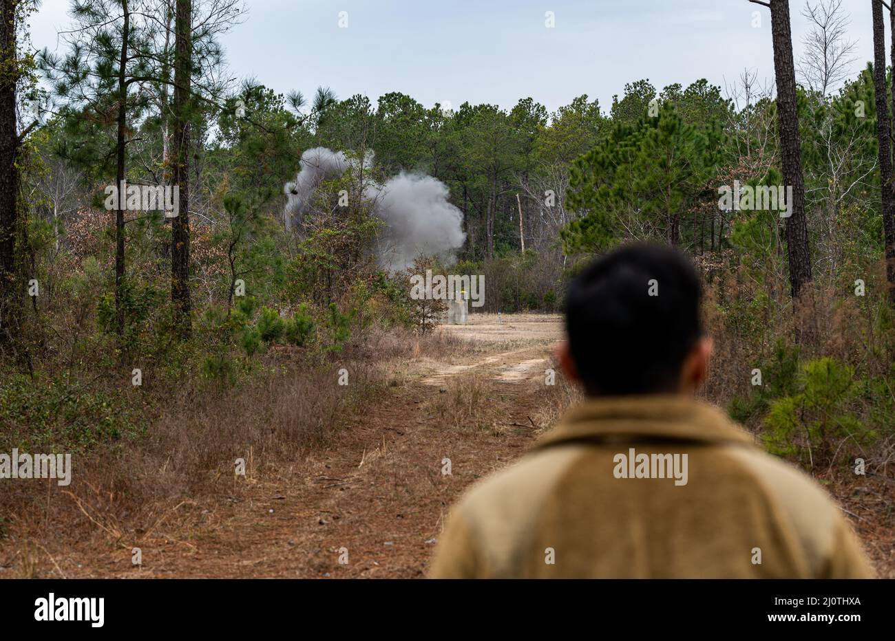 A U.S. Airman assigned to the 20th Civil Engineer Squadron explosive ...