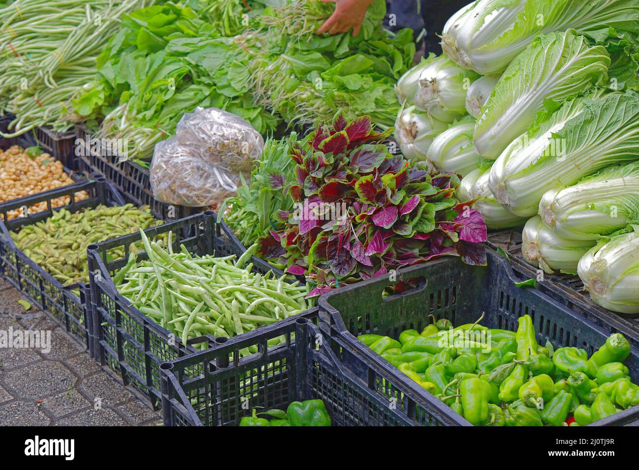 Fresh chinese green vegetables at asian market stall Stock Photo - Alamy