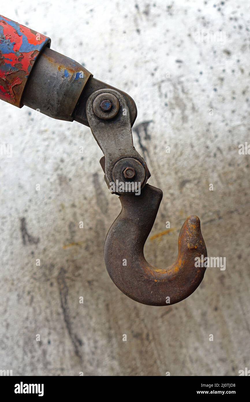 Lifting hook at hydraulic crane service garage equipment Stock Photo ...