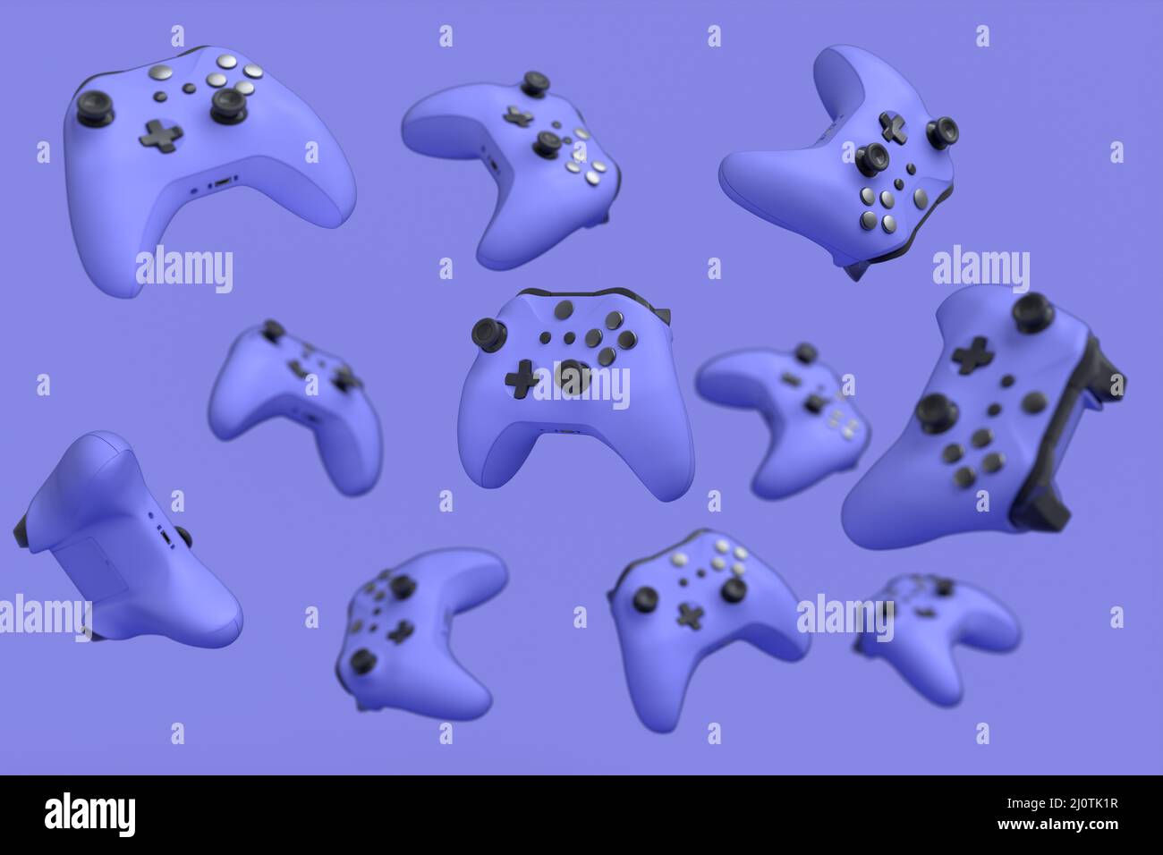 Flying gamer joysticks or gamepads on purple background with blur. 3d ...
