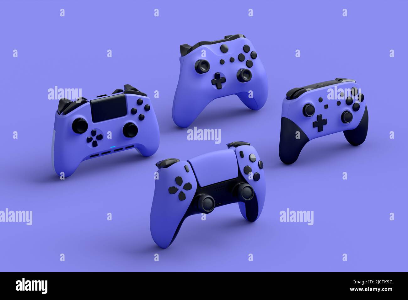 Set of standing gamer joysticks or gamepads on purple background with ...