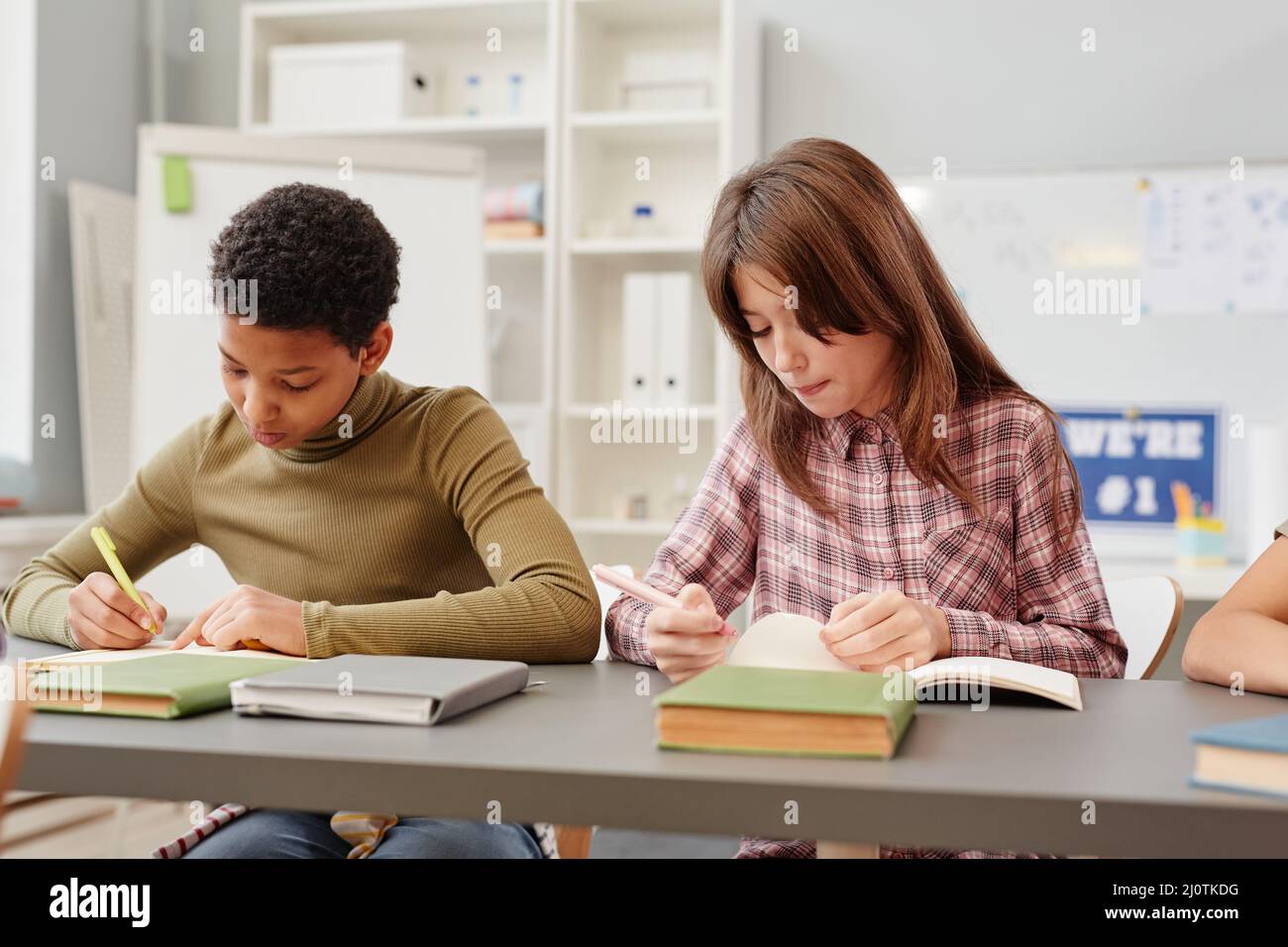 Portrait of two young girls writing in notebooks while studying in ...